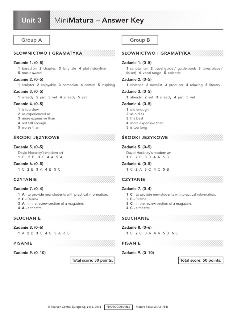 Unit 3 MiniMatura - Answer Key | PDF
