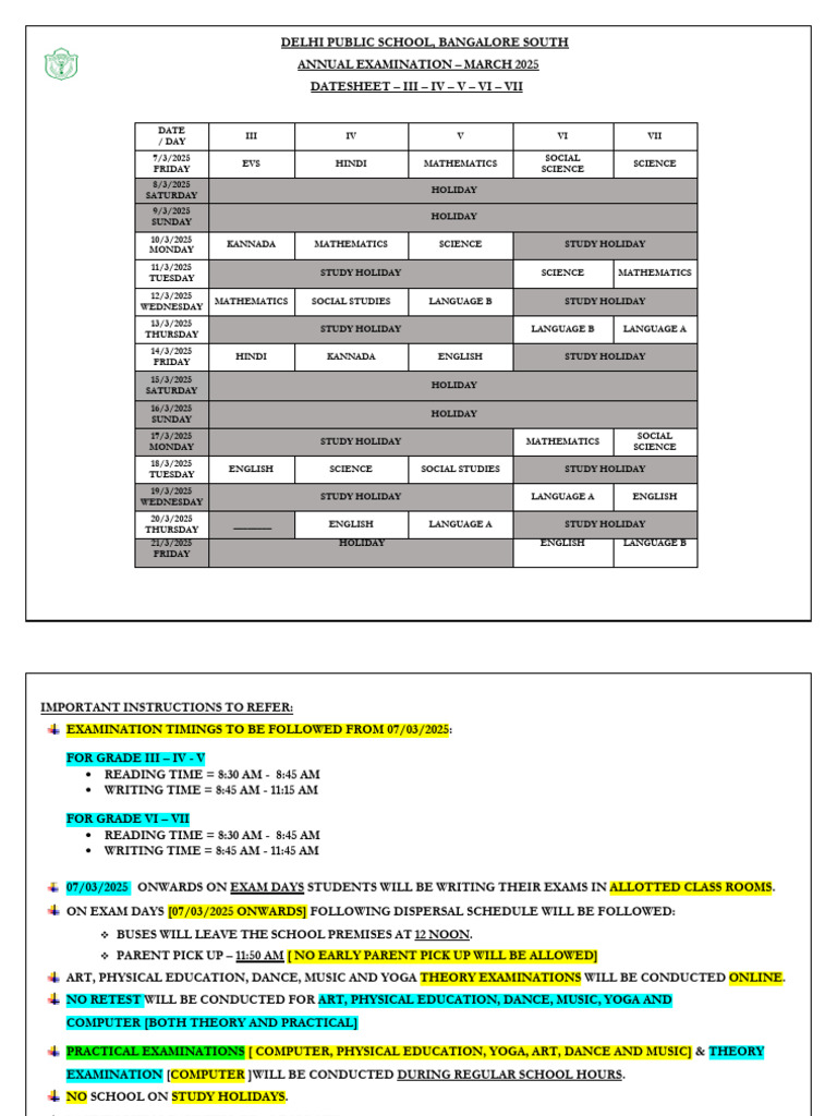 4482 Date Sheet - Annual Examination March 2025 - Grade Iii - Vii | PDF