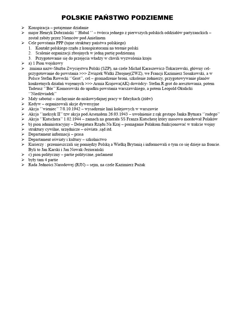 Polskie Państwo Podziemne PPP Historia Klasa 8 Dział 2 Temat 3 | PDF