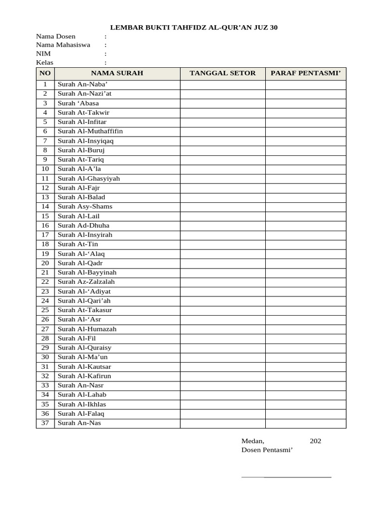 Kartu Tahfidz Juz 30 | PDF