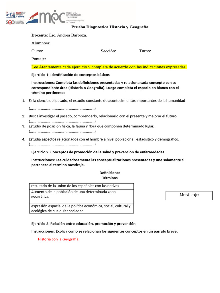 Prueba Diagnostica Historia y Geografía | PDF | Geografía | Educación ...