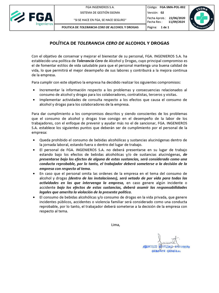 FGA-SMA-POL-002 Política de Tolerancia Cero de Alcohol y Drogas V02 ...