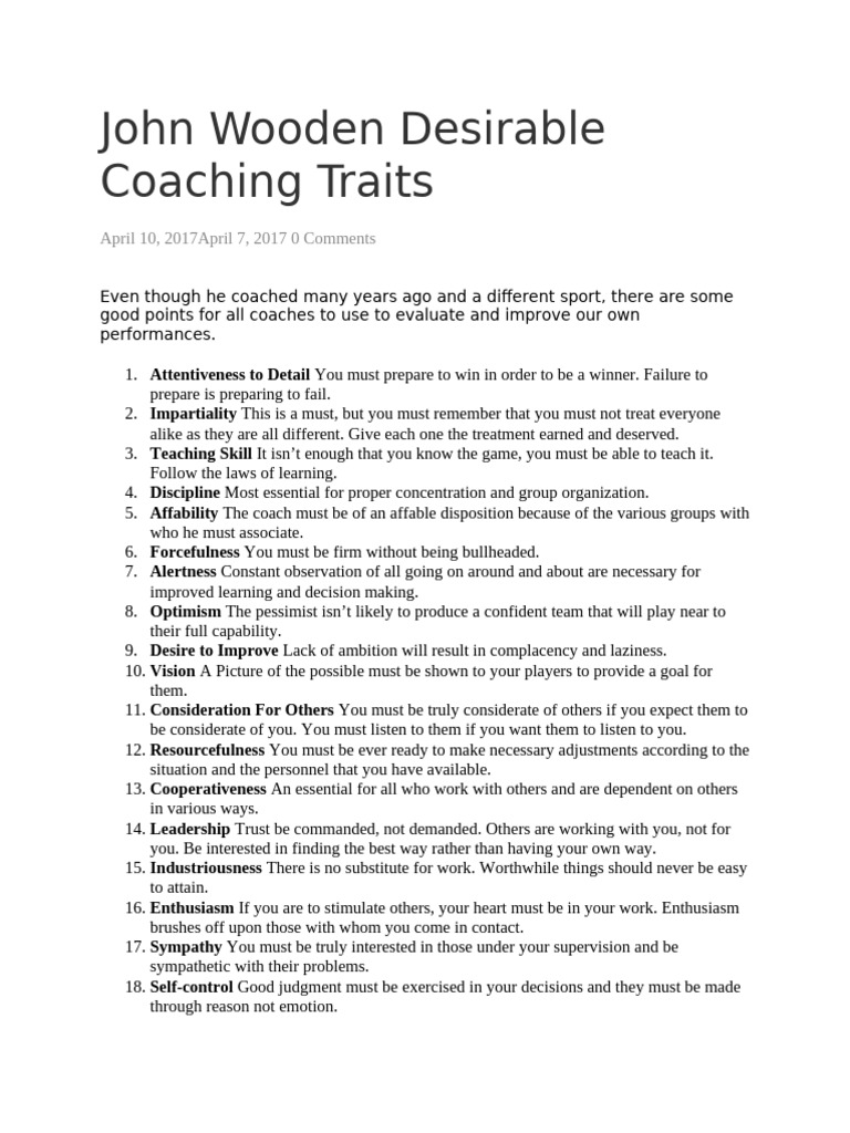 Essential Coaching Traits by John Wooden | PDF | Leadership | Behavior ...