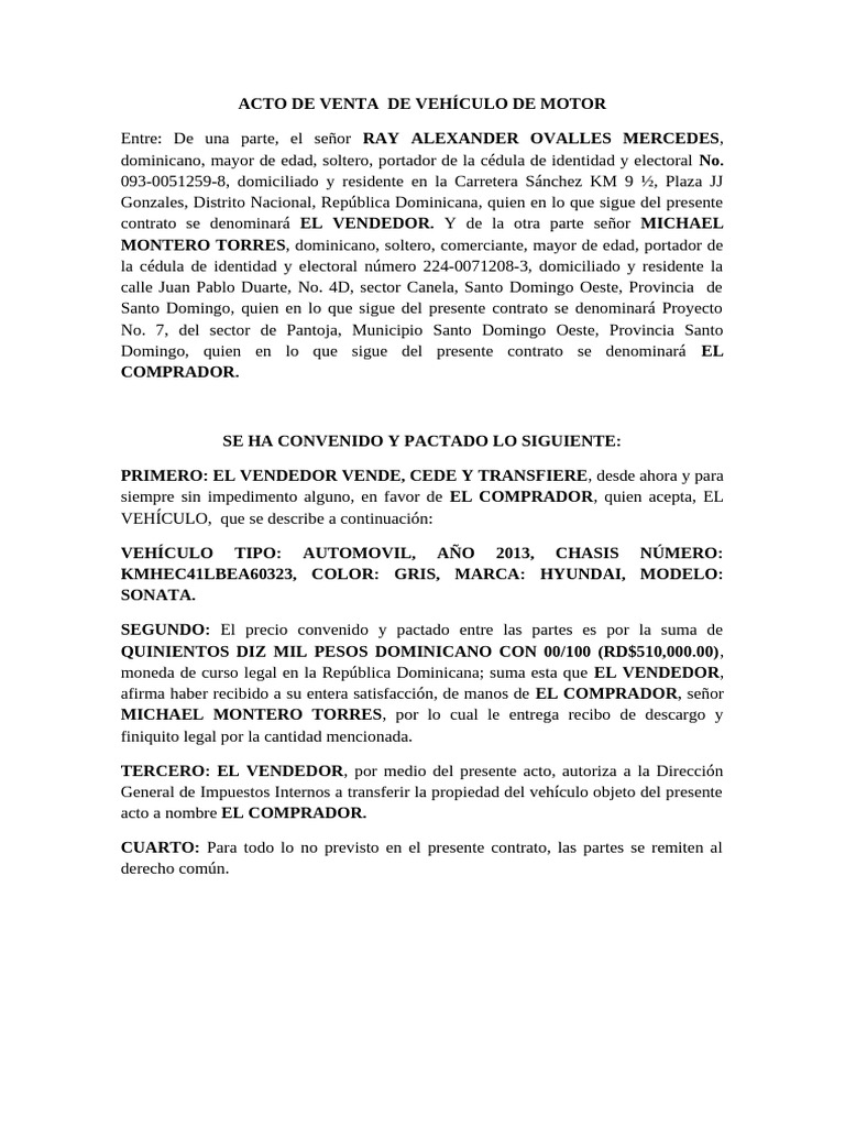 Acto de Venta Michael Montero | PDF | República Dominicana