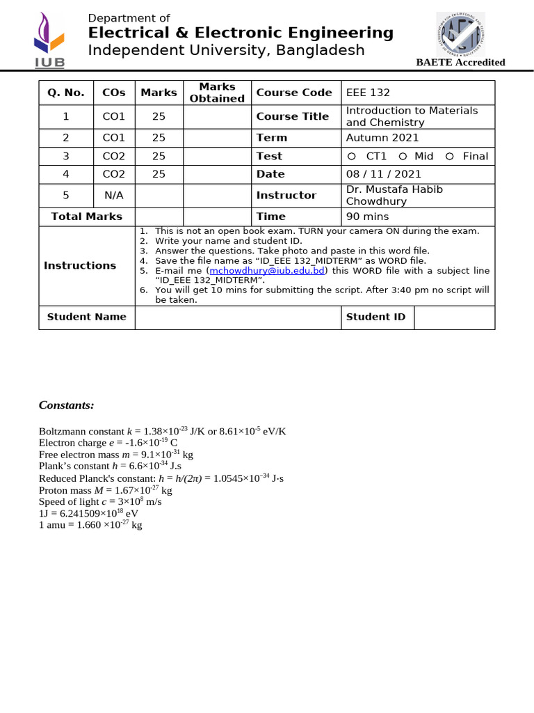 Eee 132 Midterm Exam - Autumn 2021 | PDF | Electron | Electromagnetic Spectrum