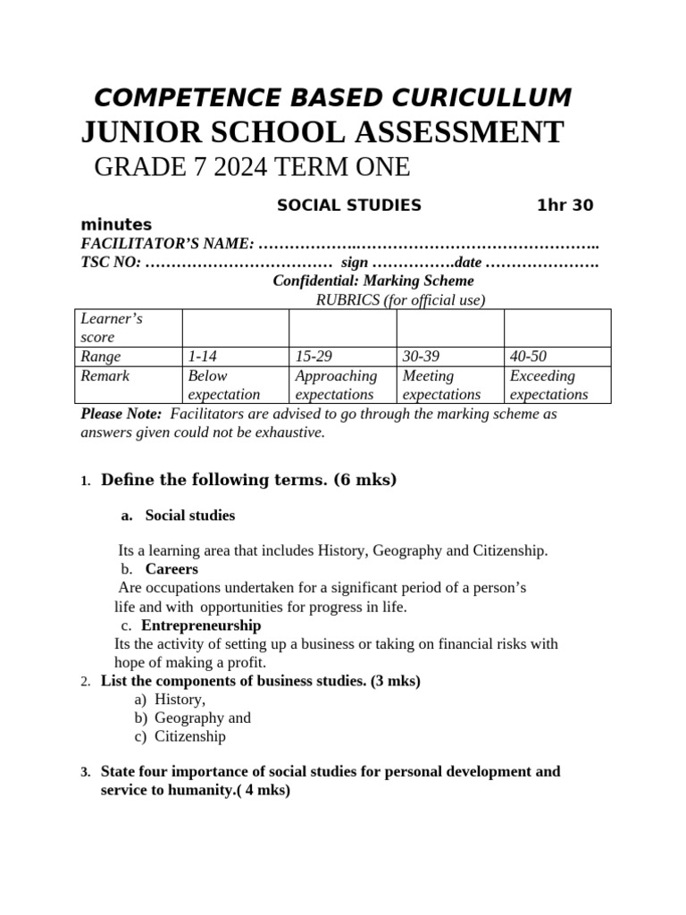 Grade 7 Social Studies MST 2024 Teacher - Co .Ke 6 | PDF | Learning ...