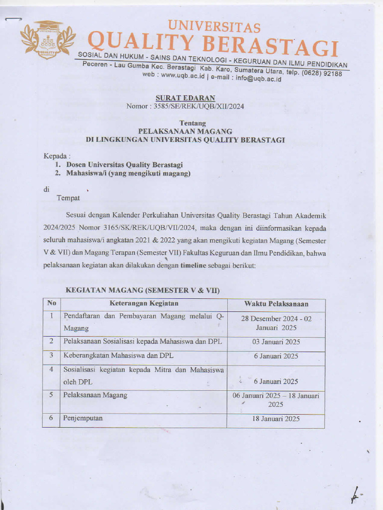 3585 Edaran Tentang Pelaksanaan Magang Di Uqb 067 | PDF