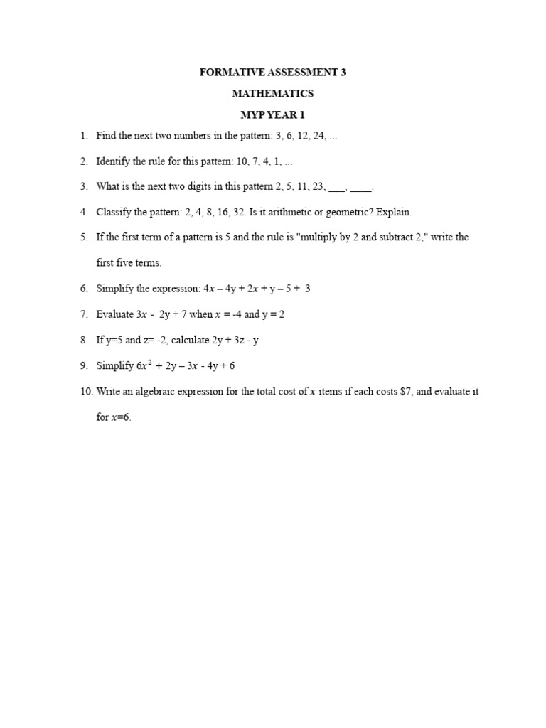 Formative Assessment for MYP Year 1 Math | PDF