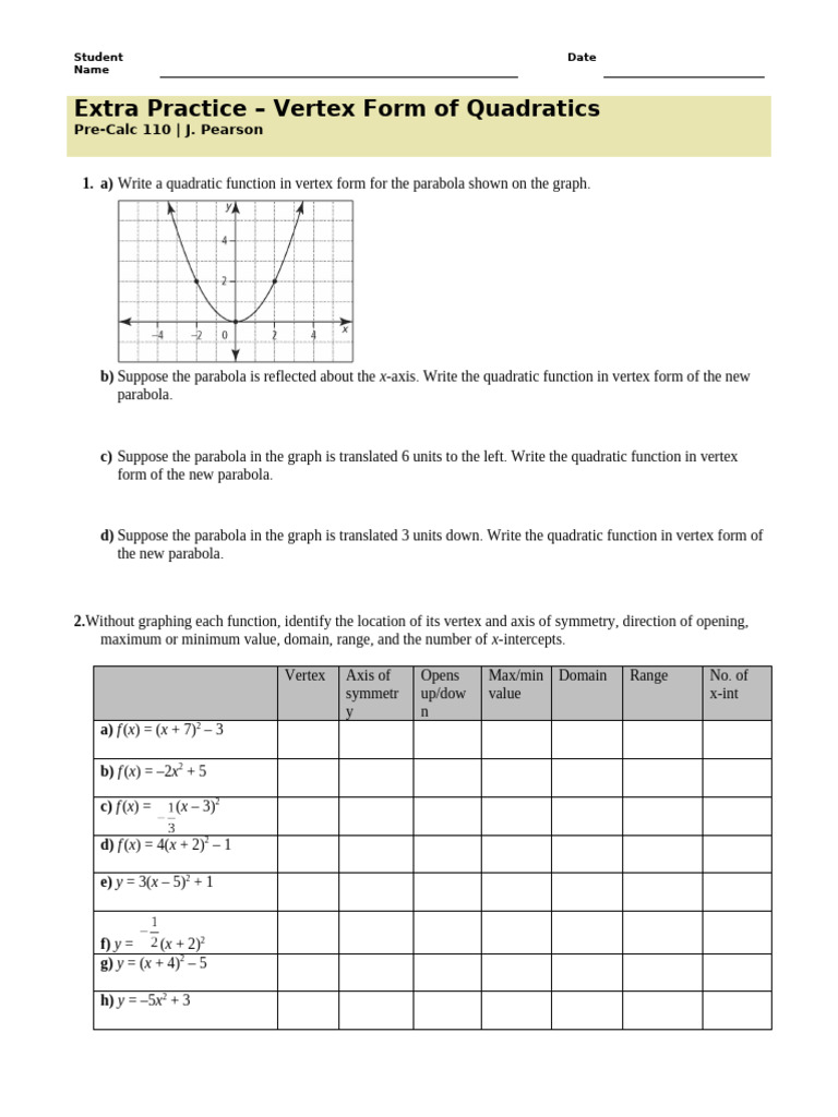 Assgt Vertex Form Extra Practice | PDF | Mathematics | Algebra