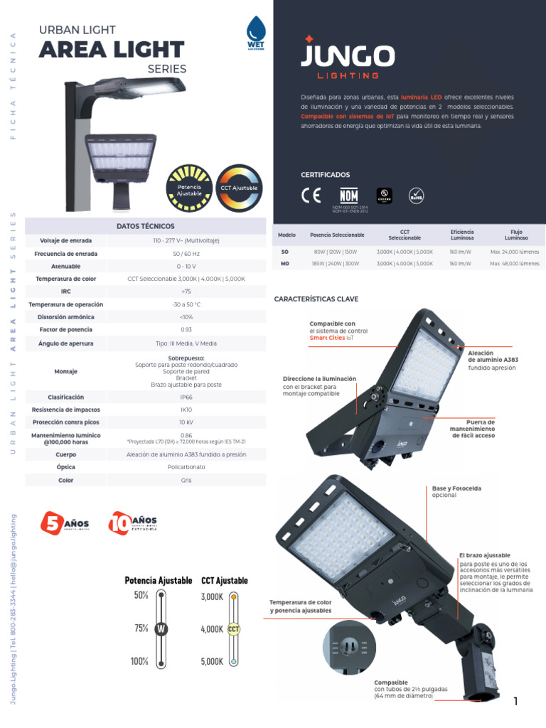 Ficha Tecnica AreaLightSeries LED Jungo Lighting 2 | PDF | Diodo emisor de luz | Metrología
