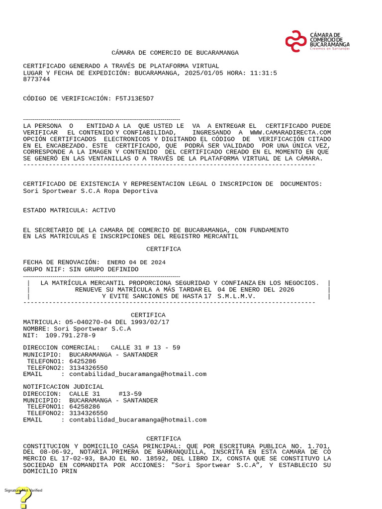 Certificado-Camara de Comercio | PDF