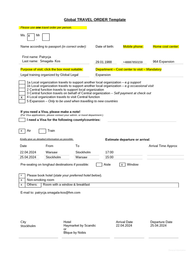 Global Travel Order Form Patrycja Smagała - Kos | PDF | Government And ...