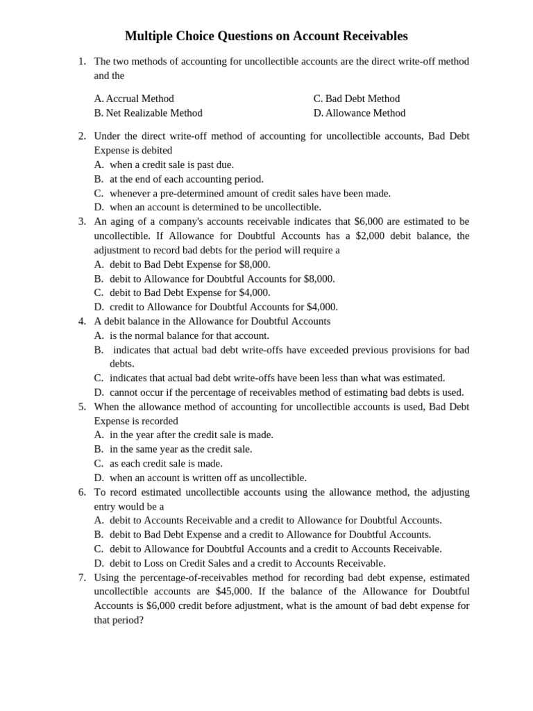 Multiple Choice Questions on Account Receivables | PDF | Bad Debt | Debits And Credits