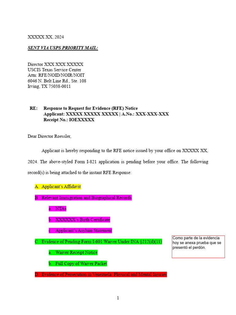 Cover Letters RFE I-601 Submitted. | PDF | Justice | Crime & Violence