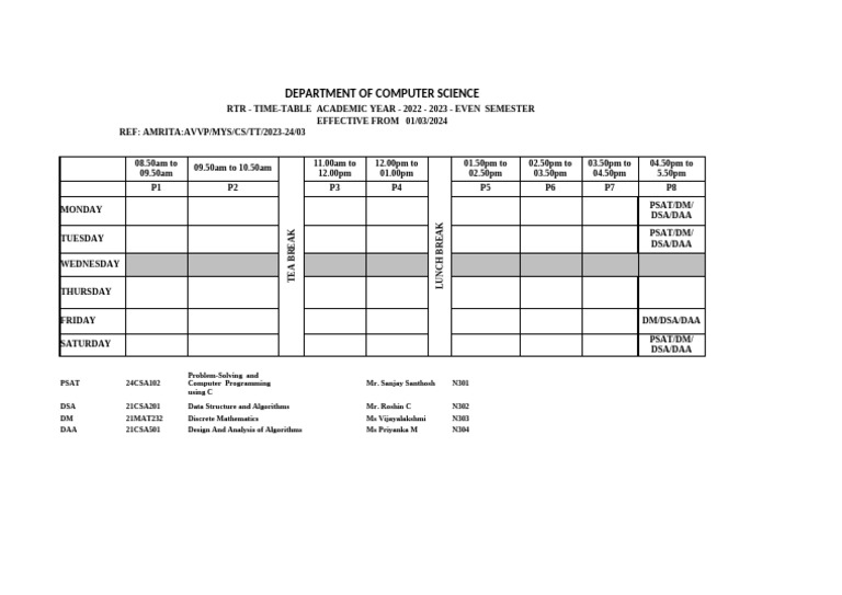 RTR Class Timetable 2025 Even | PDF | Computing | Computer Science