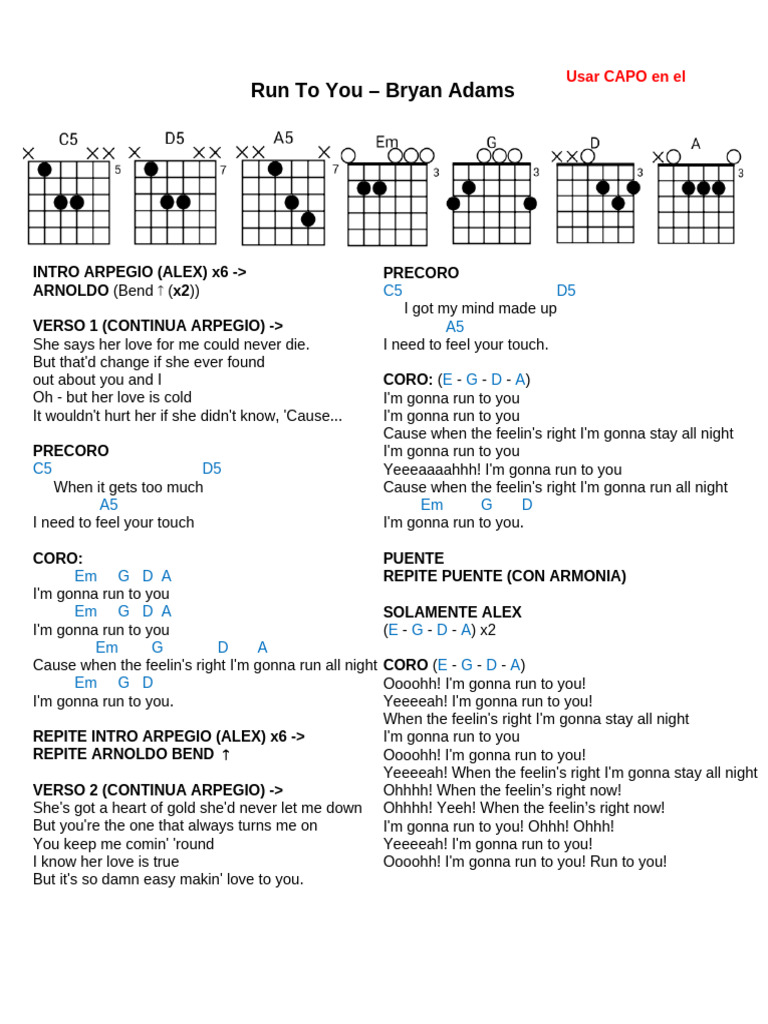 Bryan Adams - Run to You Lyrics | PDF