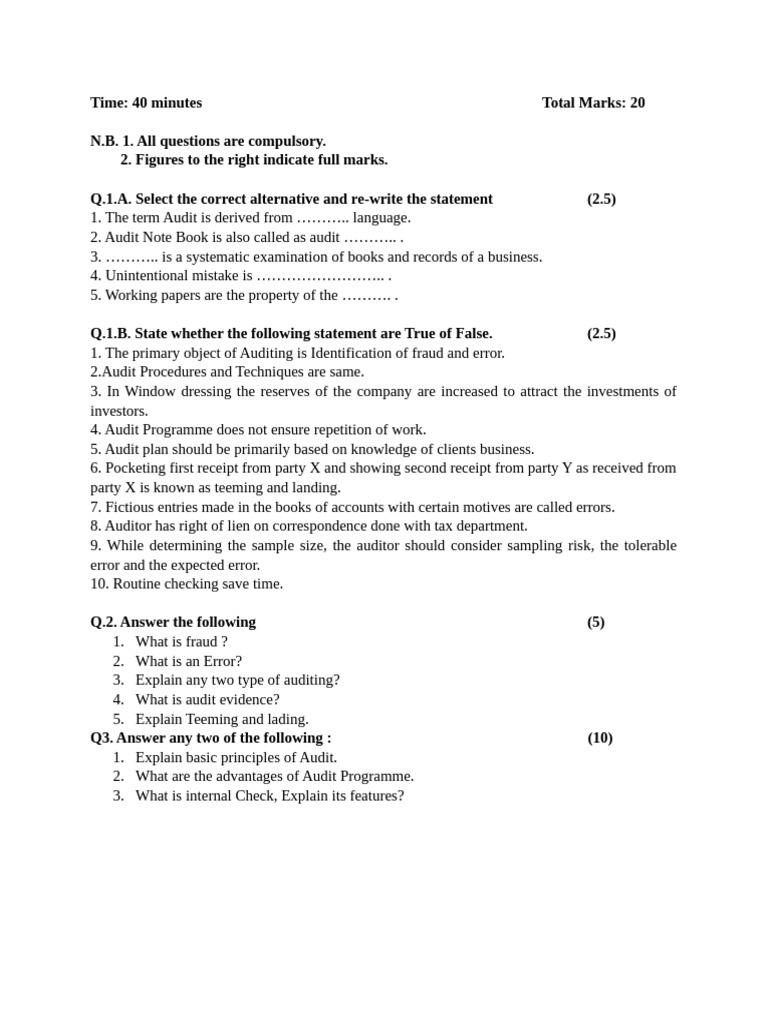 Fybaf Sem Ii Auditing Internal QP (Set 1) | PDF