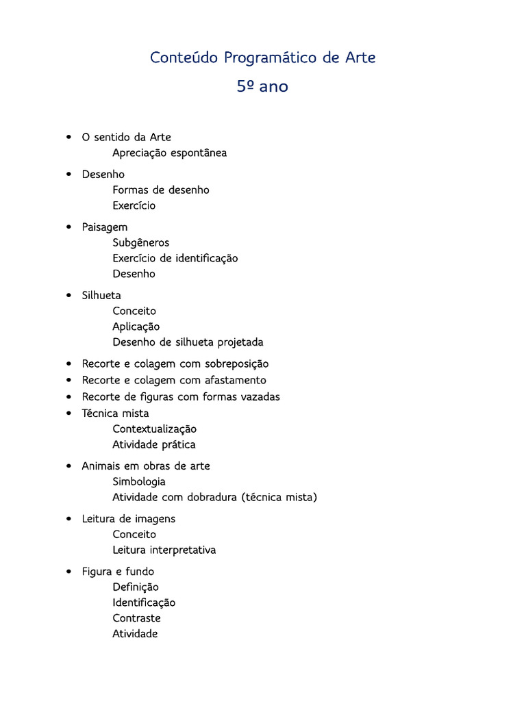 Conteúdo Programático de Arte - 5º Ano | PDF | Desenho | Pinturas
