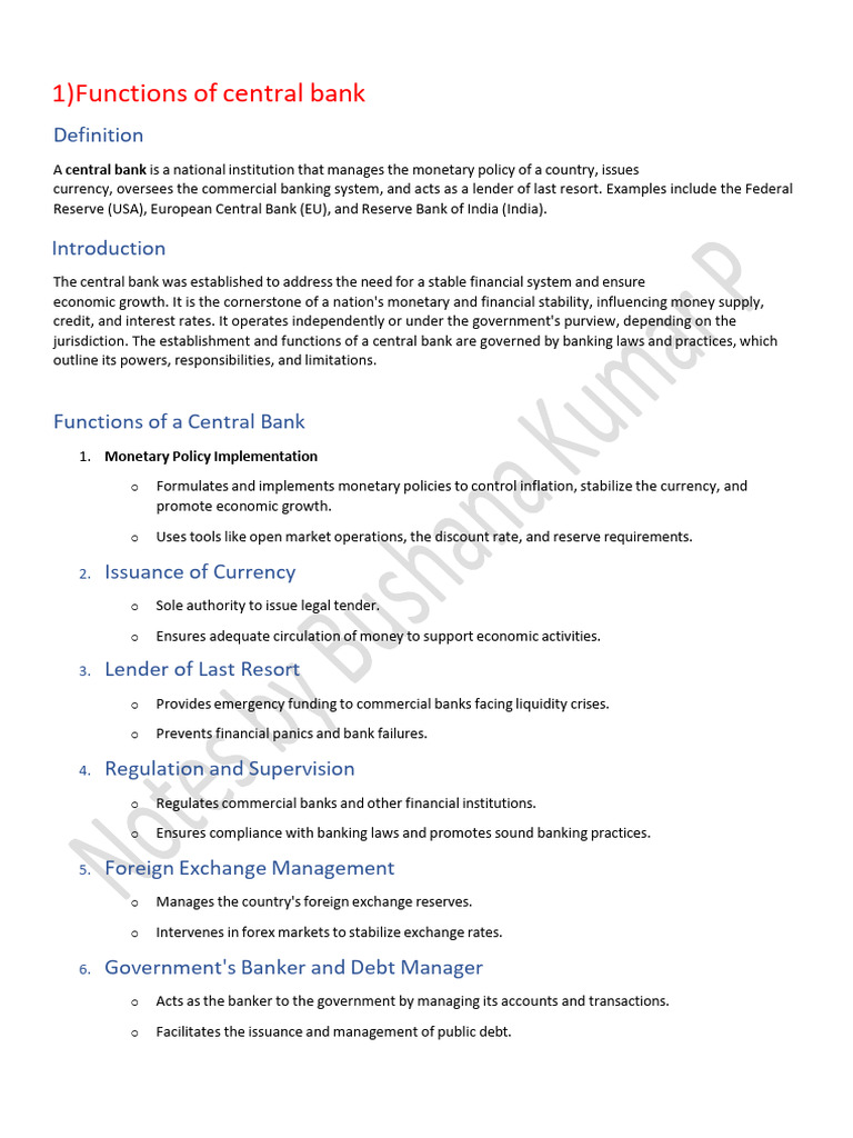 Functions of Central Banks Explained | PDF | Monetary Policy | Reserve ...