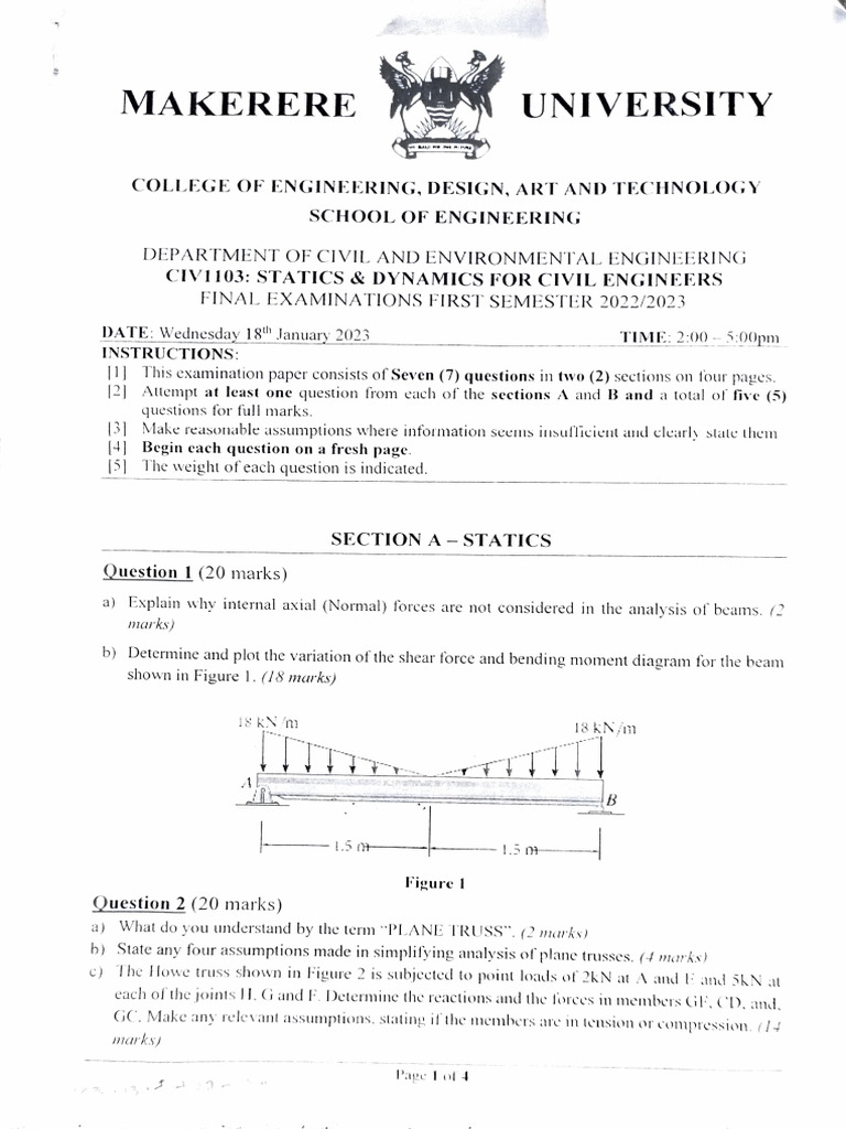 Engineering Mechanics Exam Paper 2023 | PDF | Truss | Bending