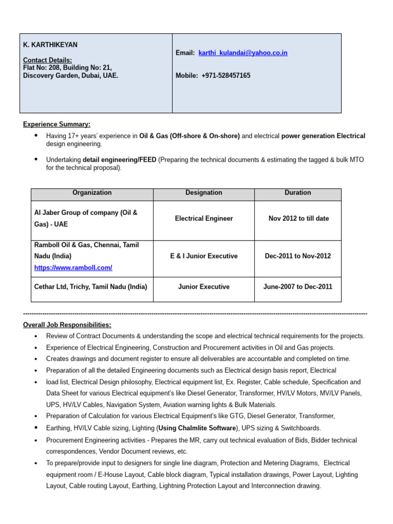 CV Karthikeyan Electrical Engineer 17+yrs . | PDF | Energy Industry
