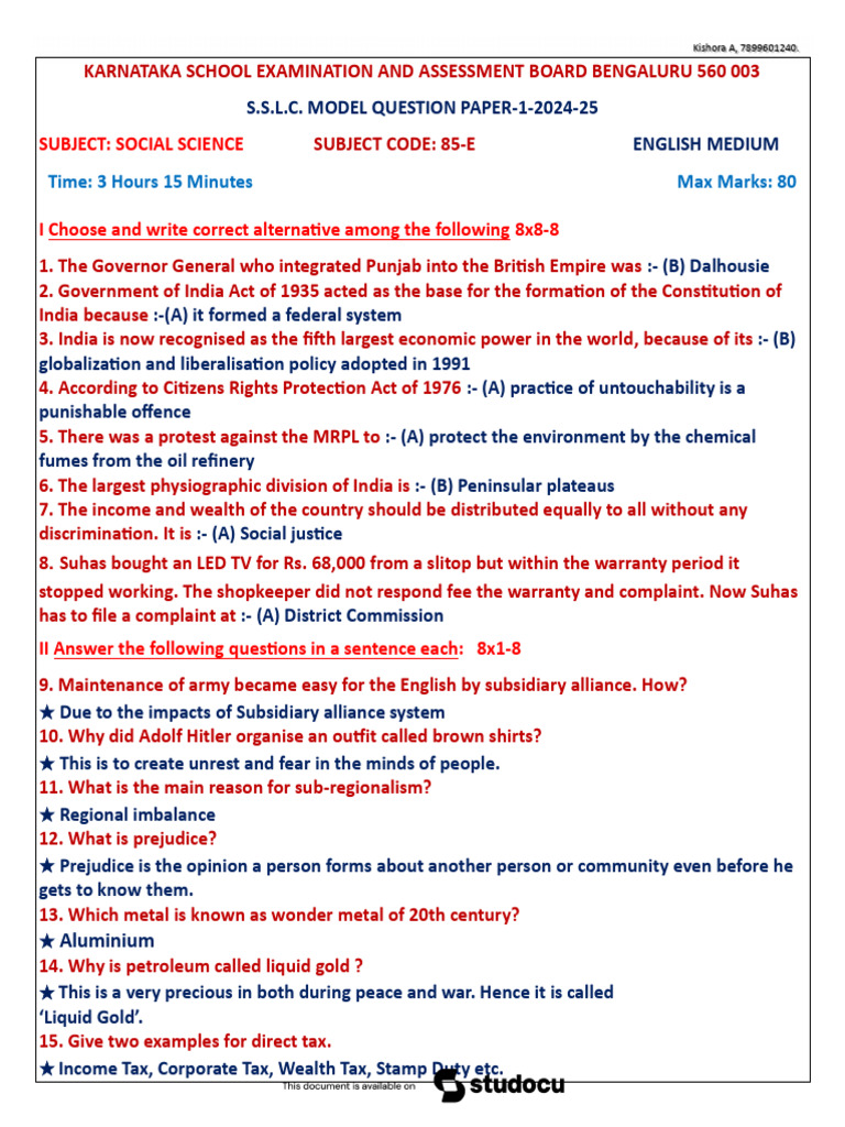 S S L C Board Model Question Paper 1-2-2024 25 | PDF | Agriculture | Taxes