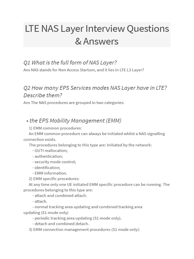 LTE NAS Layer Interview Questions | PDF | Telecommunications | Mobile ...
