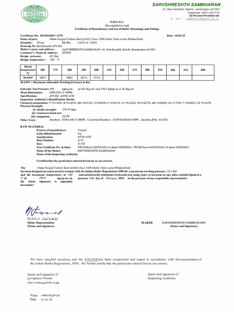 15FCS - GLB #1500 Form IIIC (UNSIGNED) | PDF | Materials | Mechanical ...