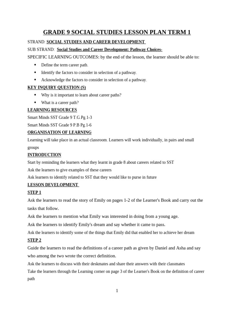 Grade 9 Term Social Studies Lesson Plan | PDF | Learning | Brainstorming