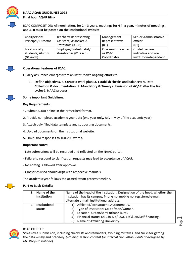 1 NEW AQAR GUIDELINES 2022 - 24 Introduction, Part A & Extended Profile. | PDF | Educational ...