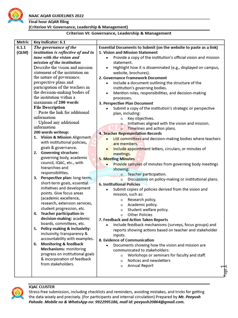 Document 4 New AQAR Guidelines Criterion VI 2022 | PDF | Strategic Planning | Governance