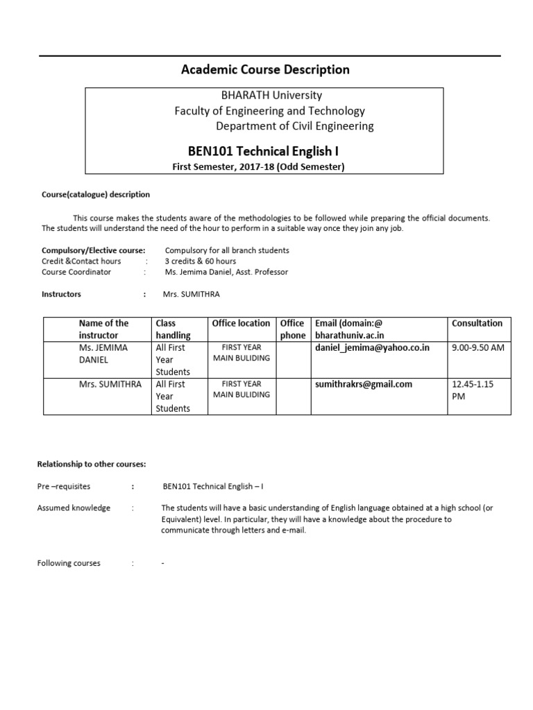 BEN101 - Technical English I | PDF | Engineering | Human Communication