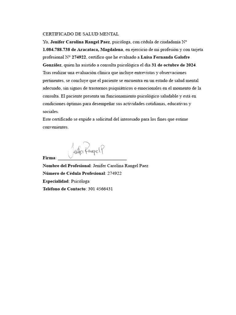 Certificado de Salud Mental | PDF