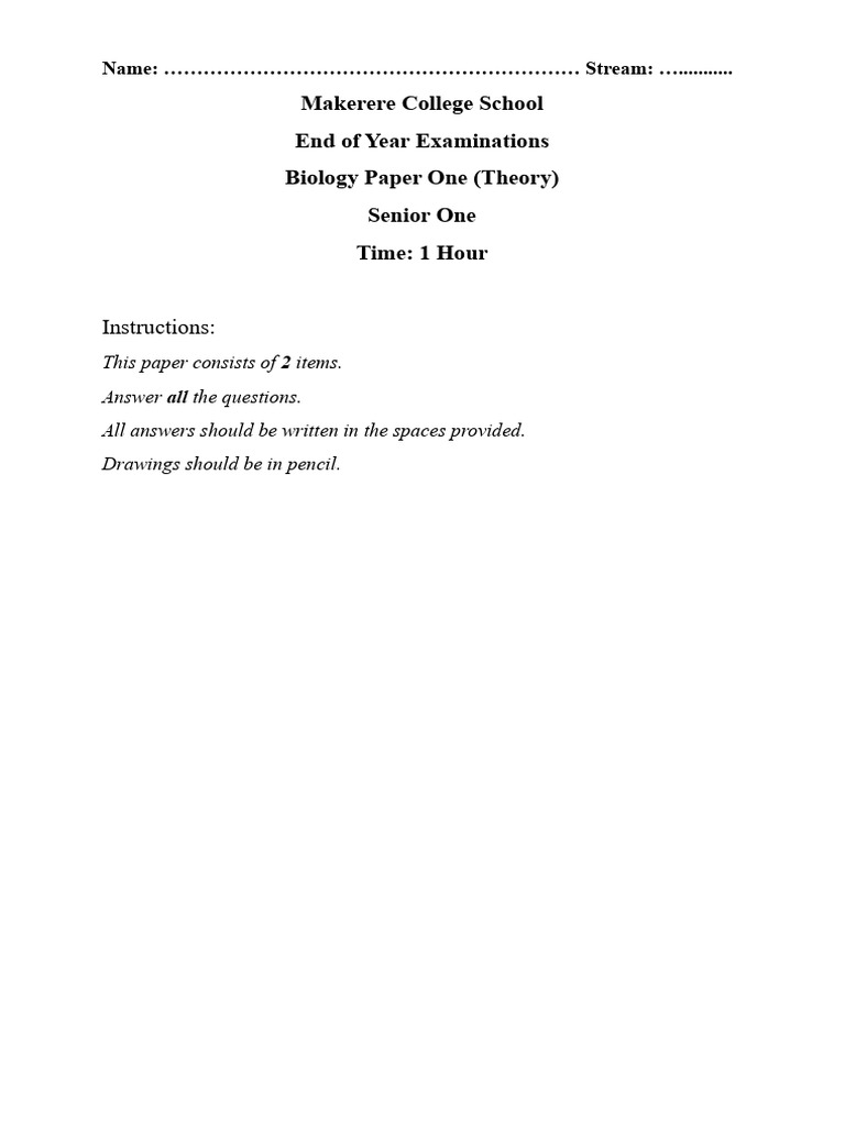 Senior One Biology Exam Paper | PDF | Leaf | Botany