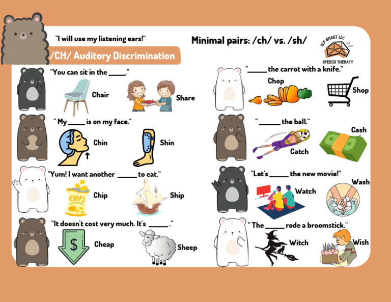 CH/ Auditory Discrimination: Minimal Pairs: /CH/ vs. /SH | PDF