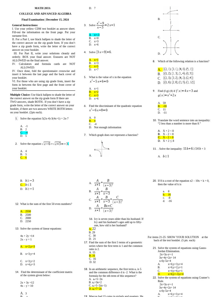 MATH 2033 Final Exam Instructions | PDF | Equations | Determinant