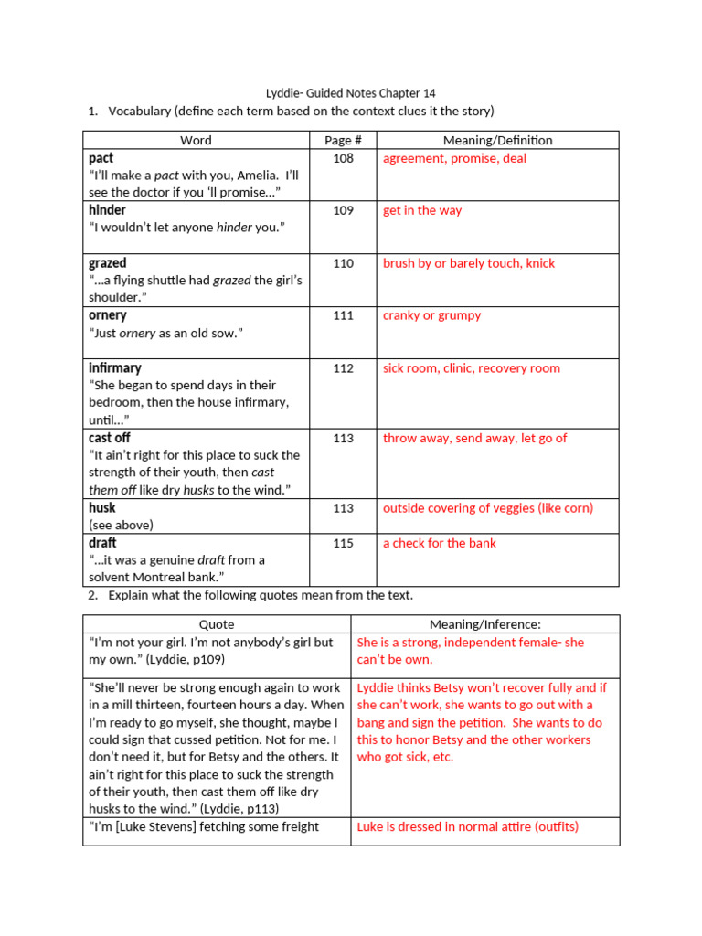 Lyddie - Chapter 14 Guided Notes Teacher Nots | PDF
