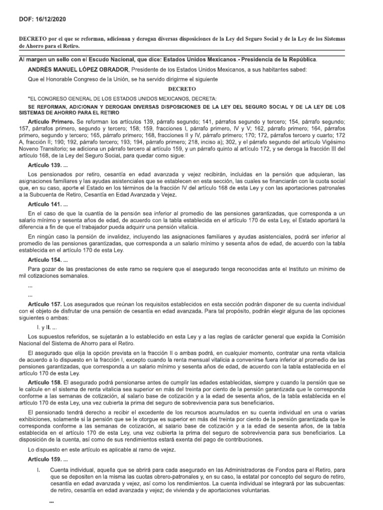 Decreto Cesantia en Edad Avanzada y Vejez Art 168 LSS | PDF