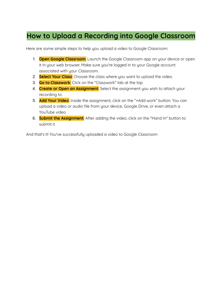 CASEY ADAMS - How To Upload A Recording Into Google Classroom | PDF