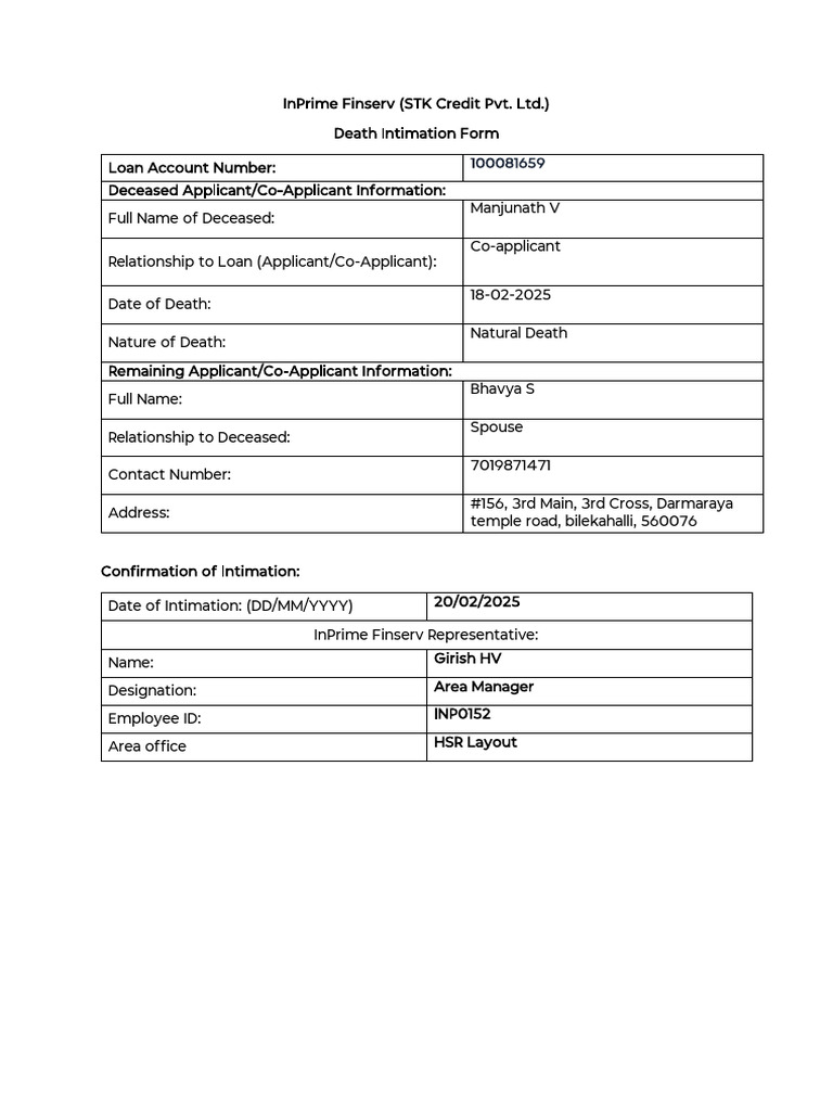 Death Intimation for Loan Account | PDF