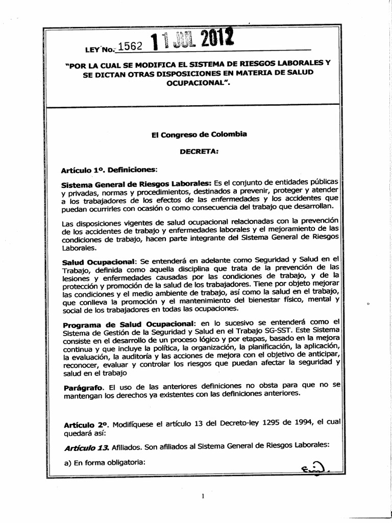Ley 1562 de 2012 SGRL | PDF