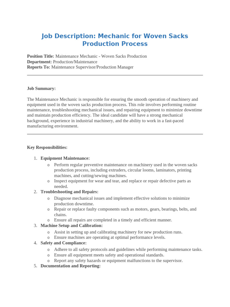 Job Description mechanics | PDF