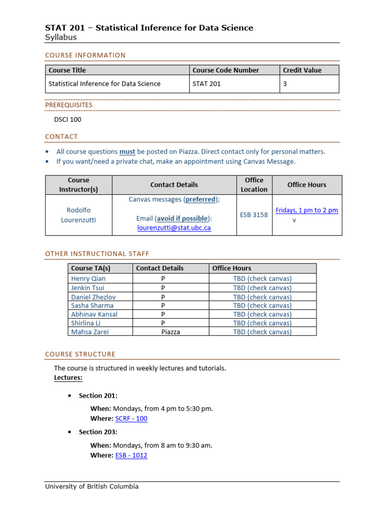 stat-201-syllabus | PDF | Statistics | Methodology