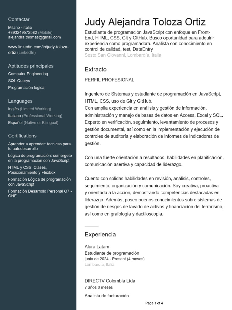 CV Alejandra Toloza | PDF | Bancos | Factura