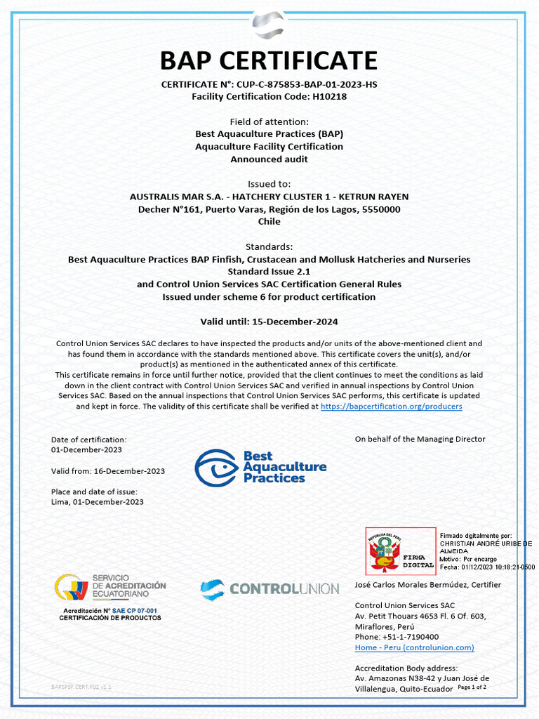 BAP Certification for Australis Mar S.A. | PDF