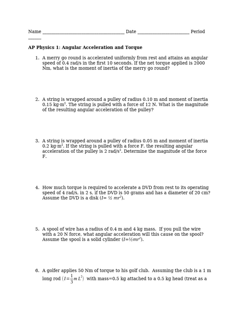Torque and Angular Acceleration HW | PDF | Rotation Around A Fixed Axis | Physical Phenomena