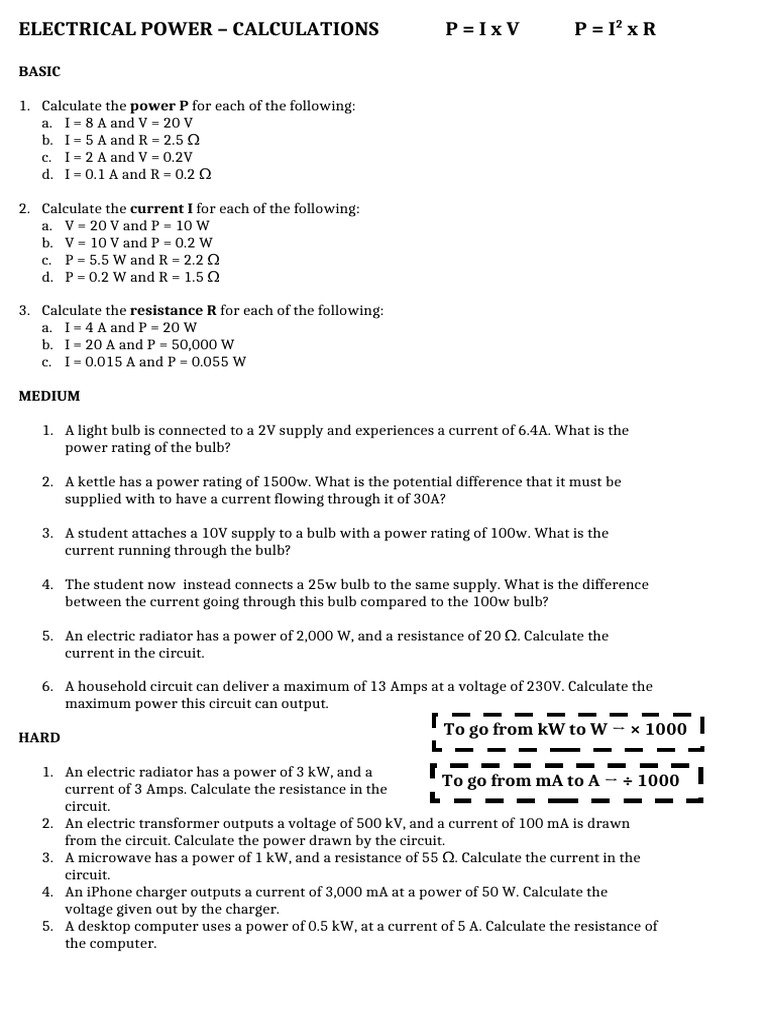 power-worksheet | PDF | Voltage | Watt