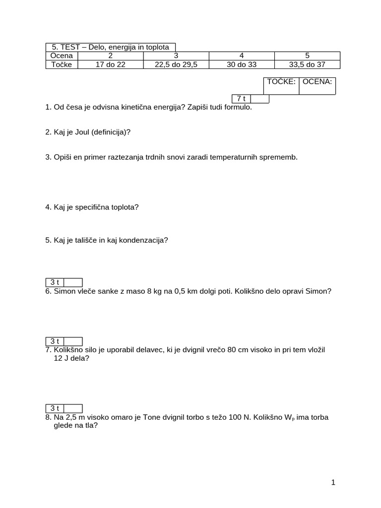 TEST - Delo, Energija in Toplota | PDF