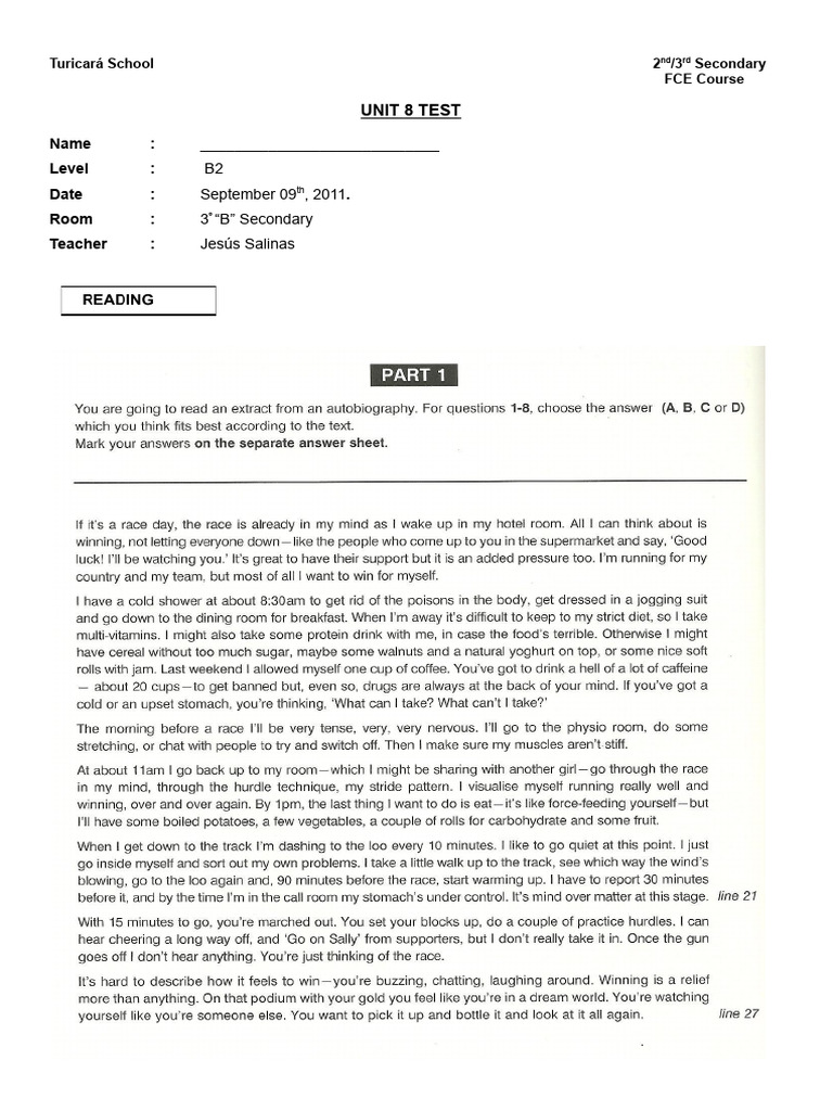 FCE Course Unit 8 Test B2 Level | PDF