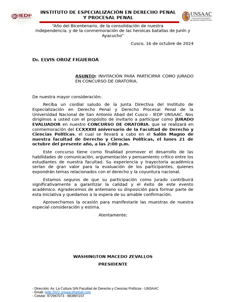 Invitación para Ser Jurado Calificador en El Concurso de Oratoria (Pavel) | PDF